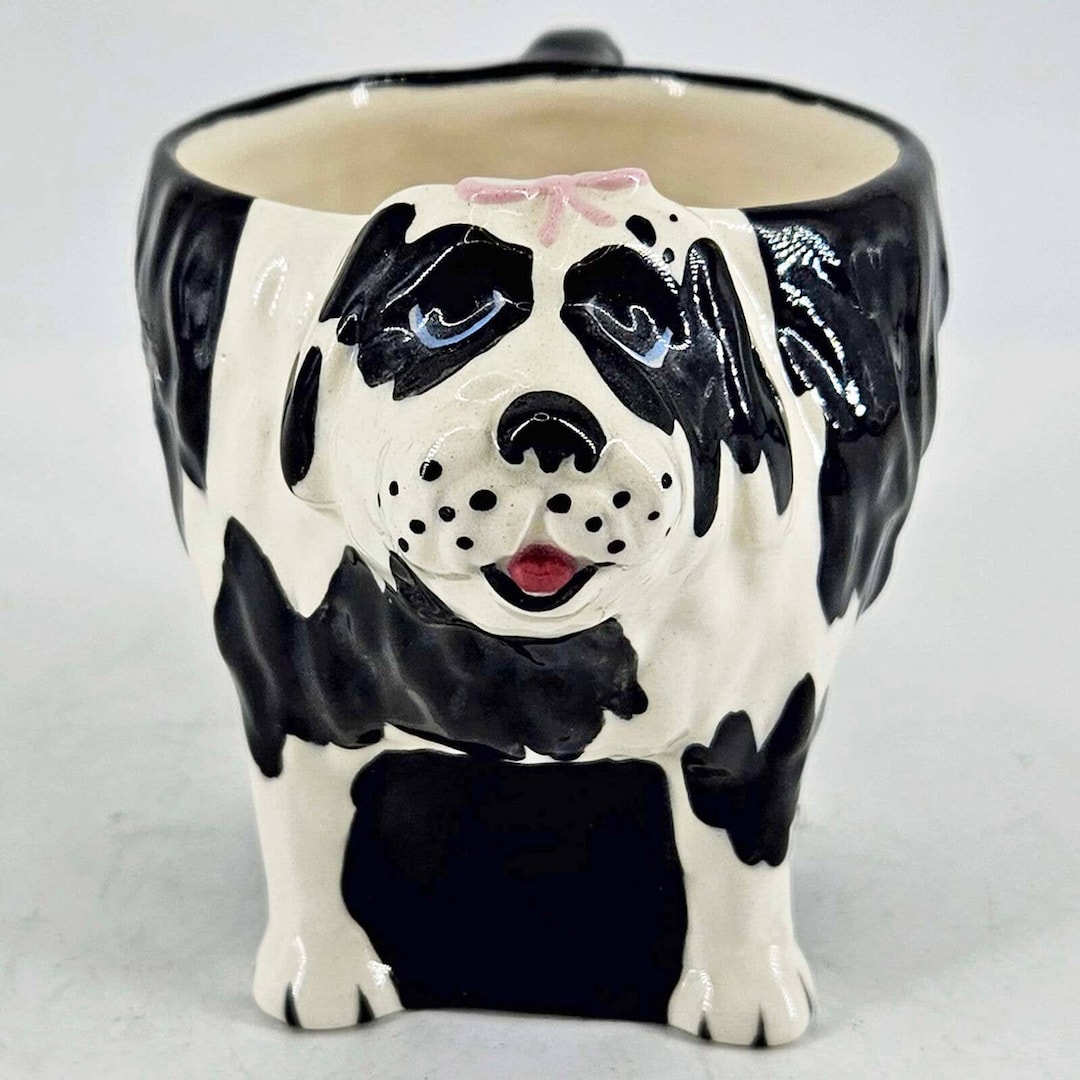 Tom Hatton Artist Signed Ceramic Black White Dog W Pink Bow Mug - Etsy