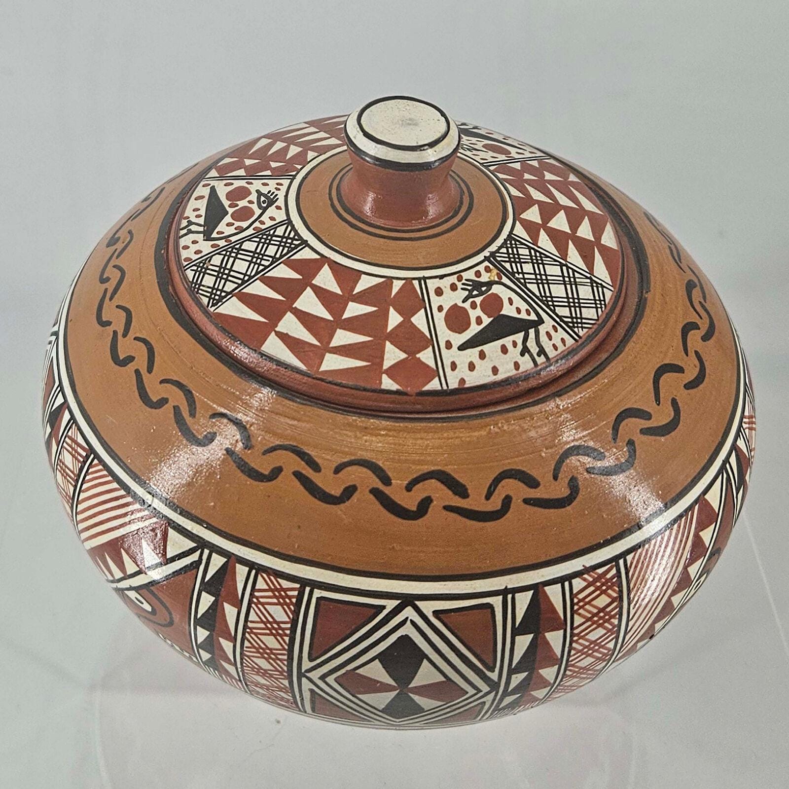 Vintage Clay Hand Painted Geometric Pattern Pottery Folk Art Dish W Lid ...