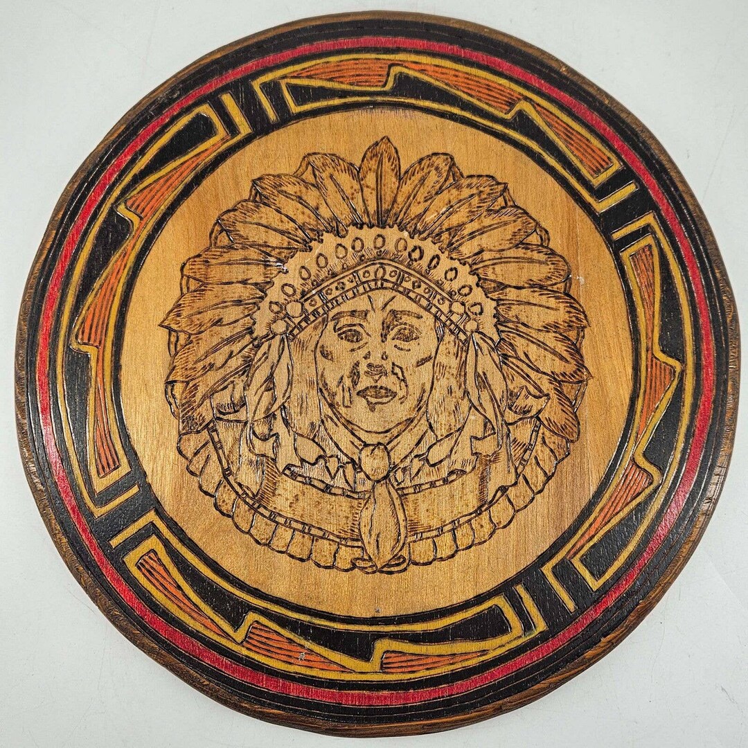 Vintage Wood Wooden Pyrography Burning Round Plaque Native American ...