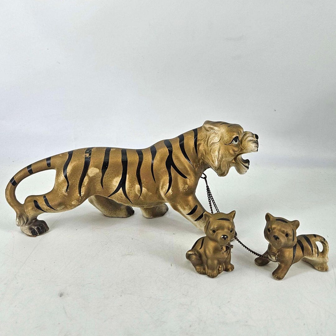 Vintage Tiger Big Cat Chain Chained Family Leashed Cubs Ceramic Mid ...