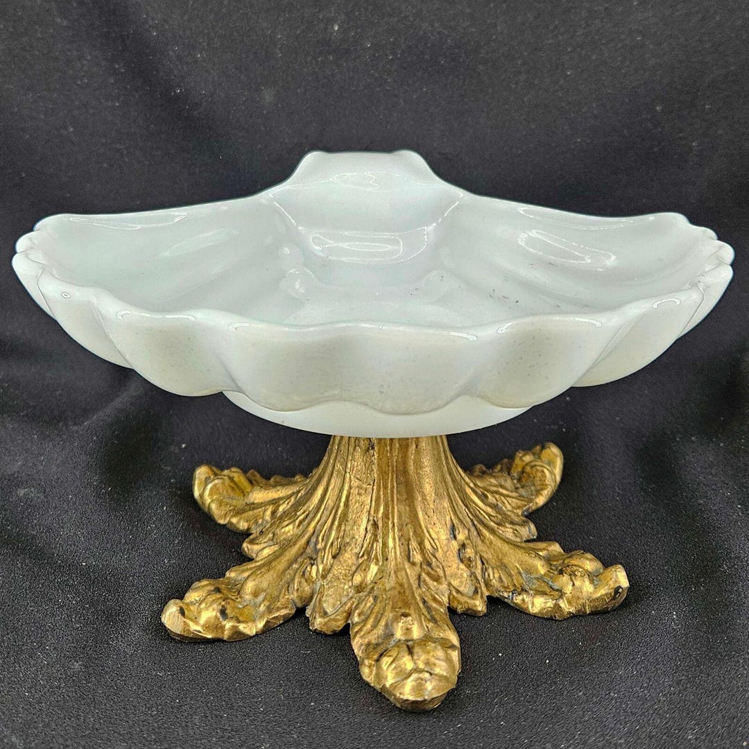 Vintage Brass Footed Milk Glass Clam Shell Soap Candy Trinket Dish ...