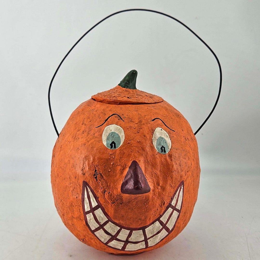Vintage Paper Mache Halloween Pumpkin Jack O Lantern Bucket W Lid N ...