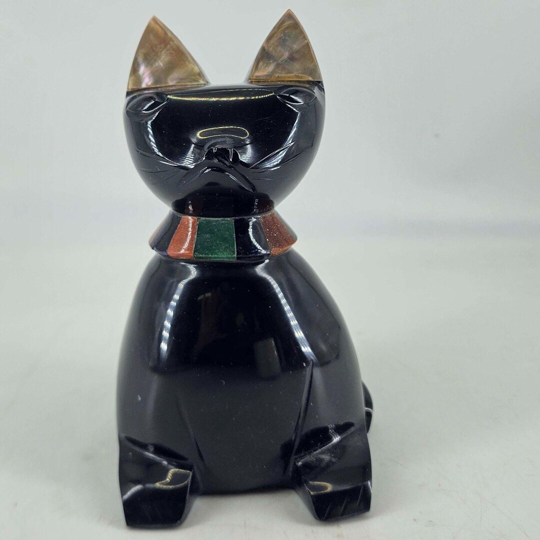 Vintage Obsidian Glass Abalone Shell Collar Egyptian Cat Figurine 6" - Etsy