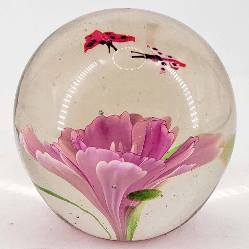 Studio Art Glass Hand Blown Pink Flower and Butterflies Paperweight - Etsy