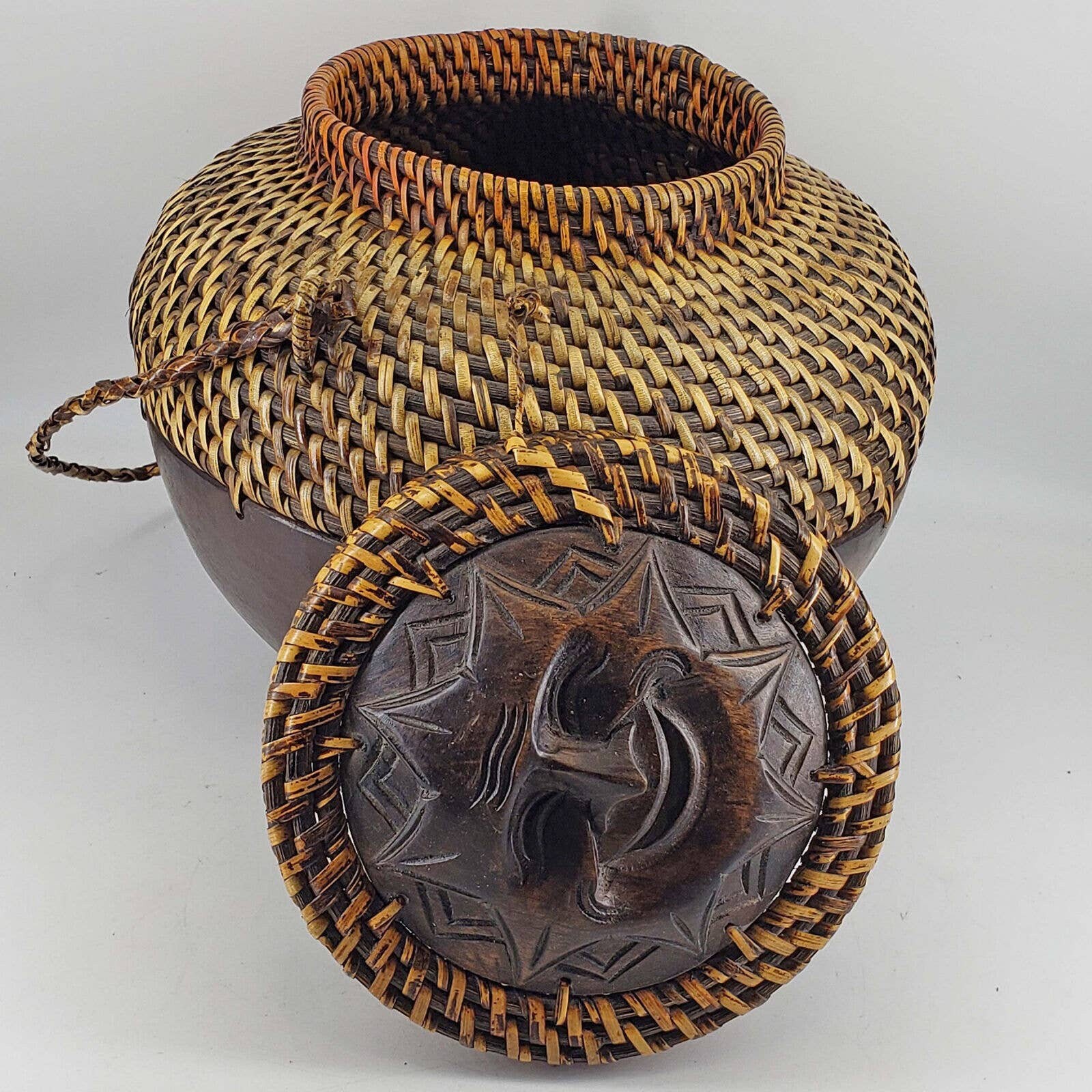 Vintage Lidded Primitive Rounded Boho Bohemian Basket W Carved Wood Sun ...