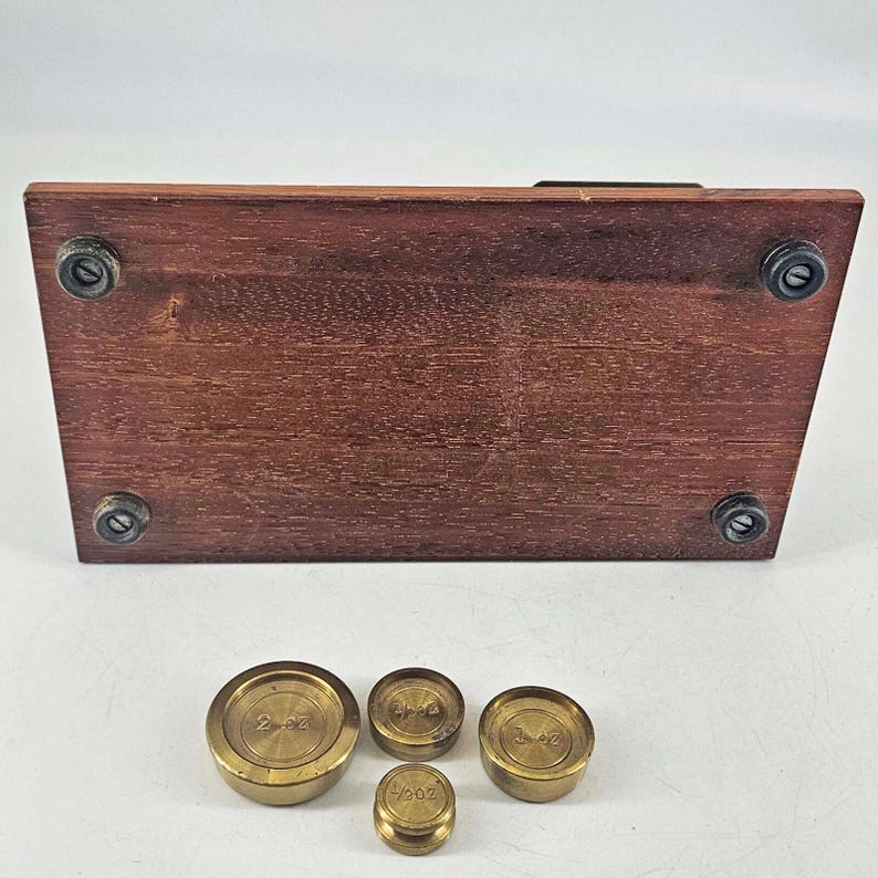 Vintage Warranted Accurate Brass Wood Postal Scale W 4 Weights Made in ...