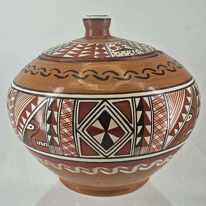 Vintage Clay Hand Painted Geometric Pattern Pottery Folk Art Dish W Lid ...