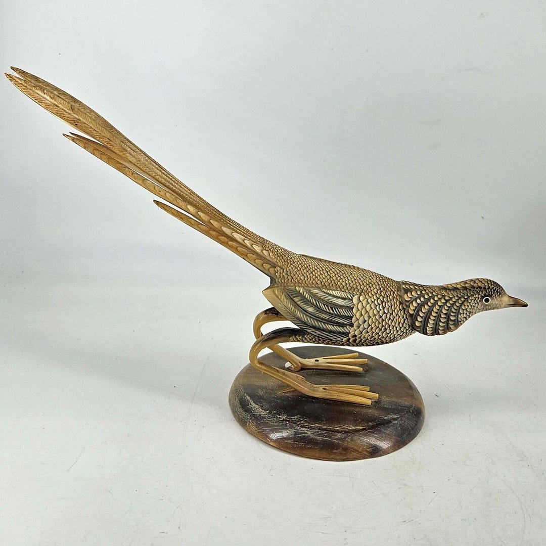 Carved Horn Road Runner Pheasant Bird Sculpture Carving on Wood Base - Etsy