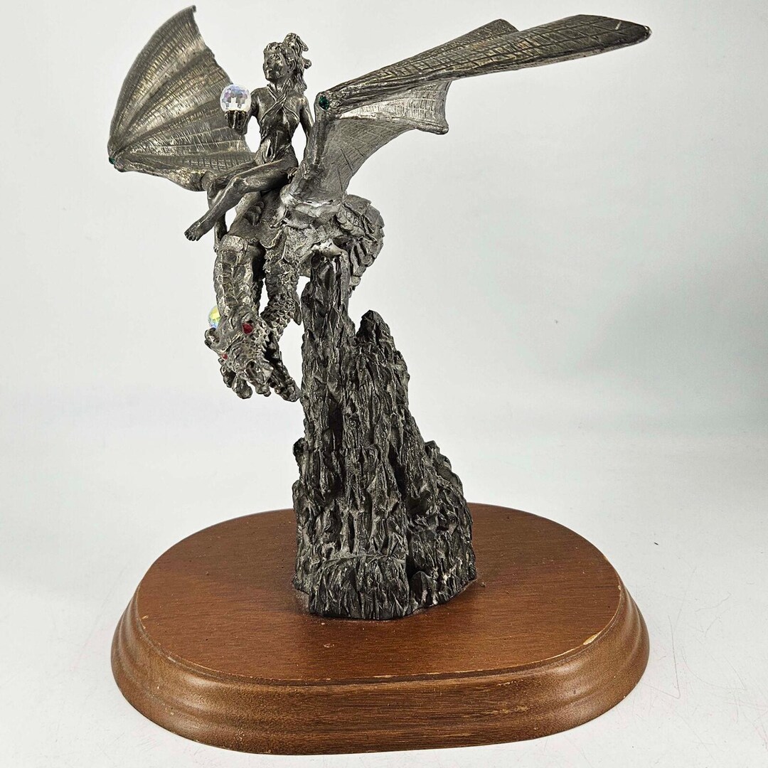 Vintage Pewter Dragon Figurine Fairy Rider W Crystal Ball Limited ...
