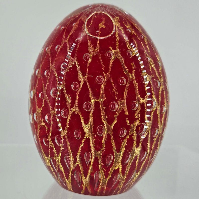 Hand Blown Red Art Glass Gold Ribbon Bullicante Detail Paperweight ...