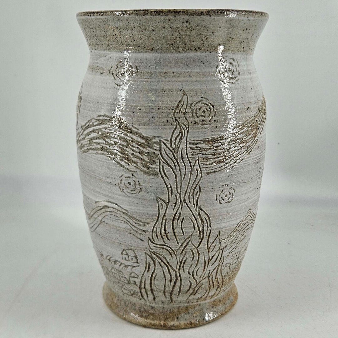 Hand Made Artist Signed Pottery Folk Art Style Vase Fire Smoke Village ...