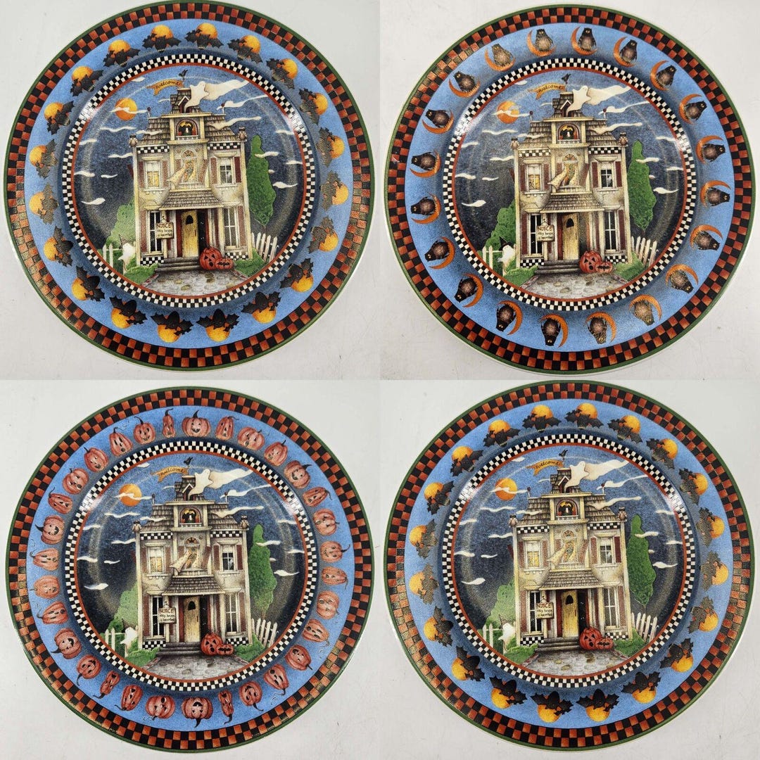 4 Sakura Stoneware Debbie Mumm Haunted House Halloween Salad Dessert ...