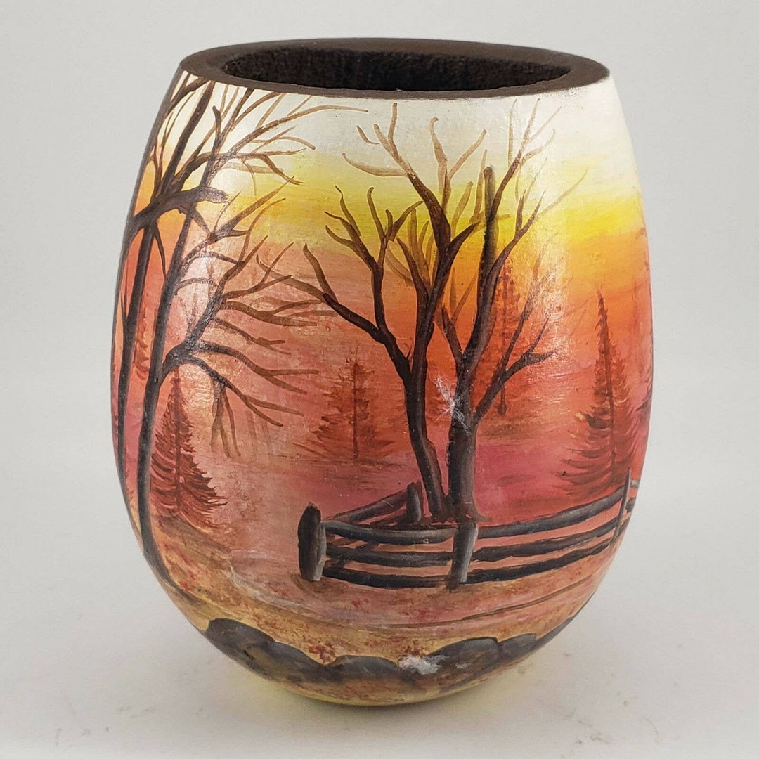 Vintage Hand Painted Coconut Shell Vase Country Sceene Woods - Etsy