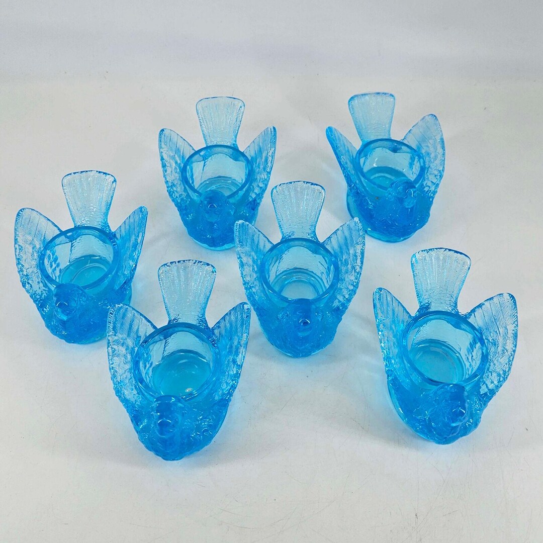 Vintage Degenhart Blue Glass Birds With Berry Open Salt Cellar Dip Set ...