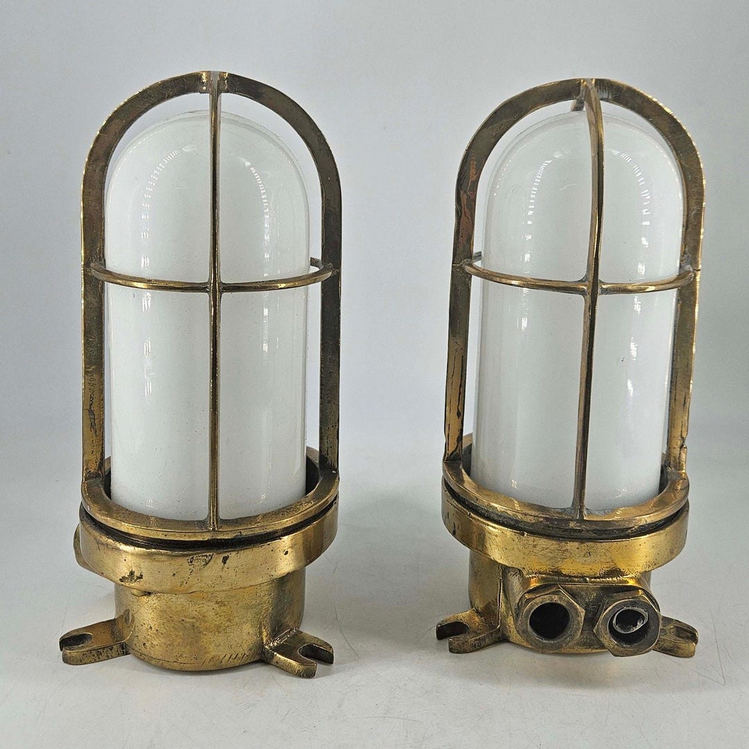 Pair of Vintage Heavy Brass Cage Light Passage Way Wall Lamp Ship ...