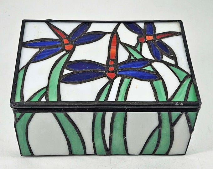 Vintage Slag Stained Leaded Glass Dragonfly Trinket Jewelry Box - Etsy