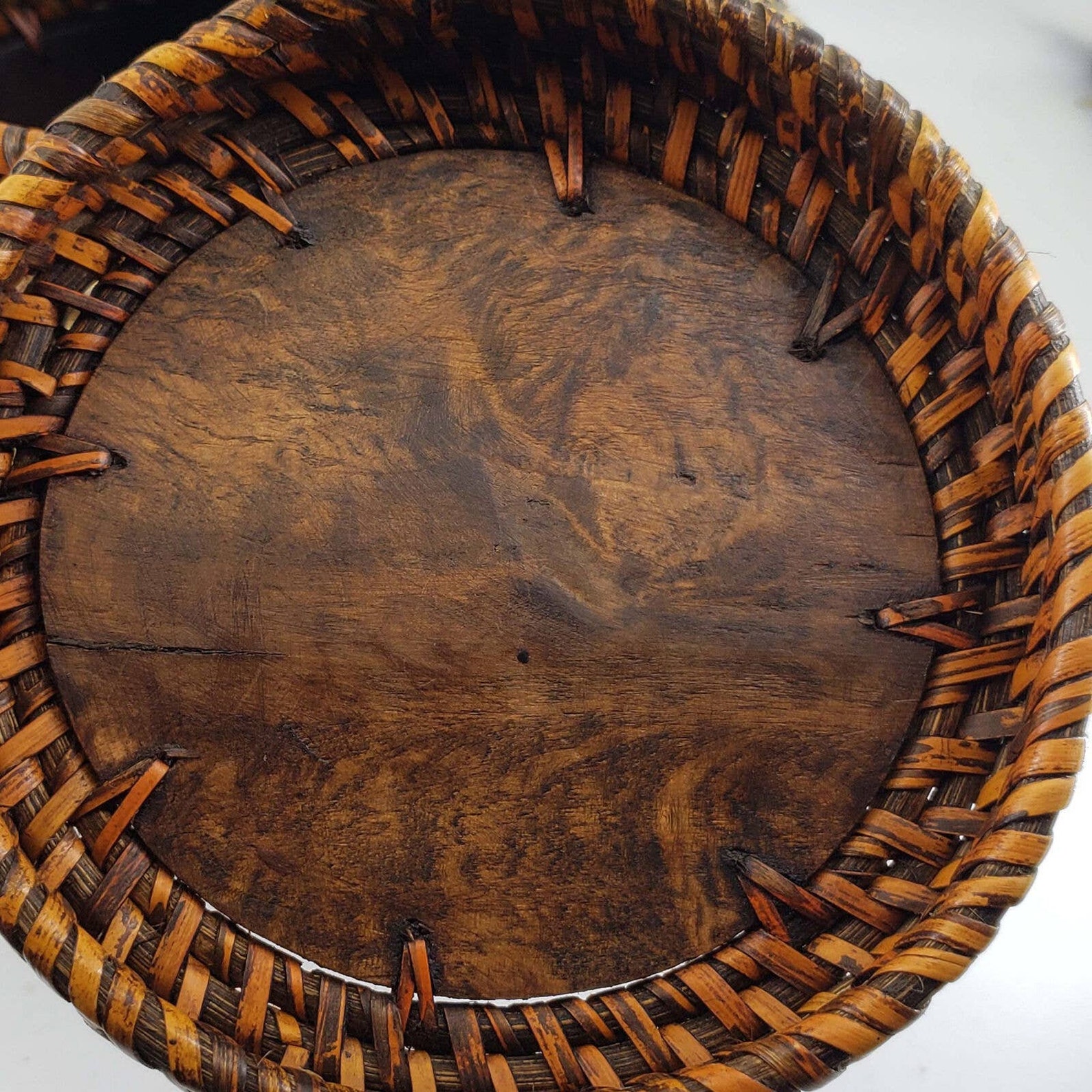 Vintage Lidded Primitive Rounded Boho Bohemian Basket W Carved Wood Sun ...