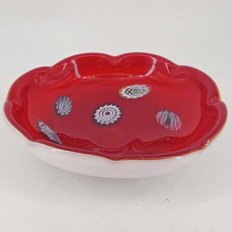 Vintage MURANO Red Millefiori Cased Art Glass Ashtray Candy Dish BOWL ...