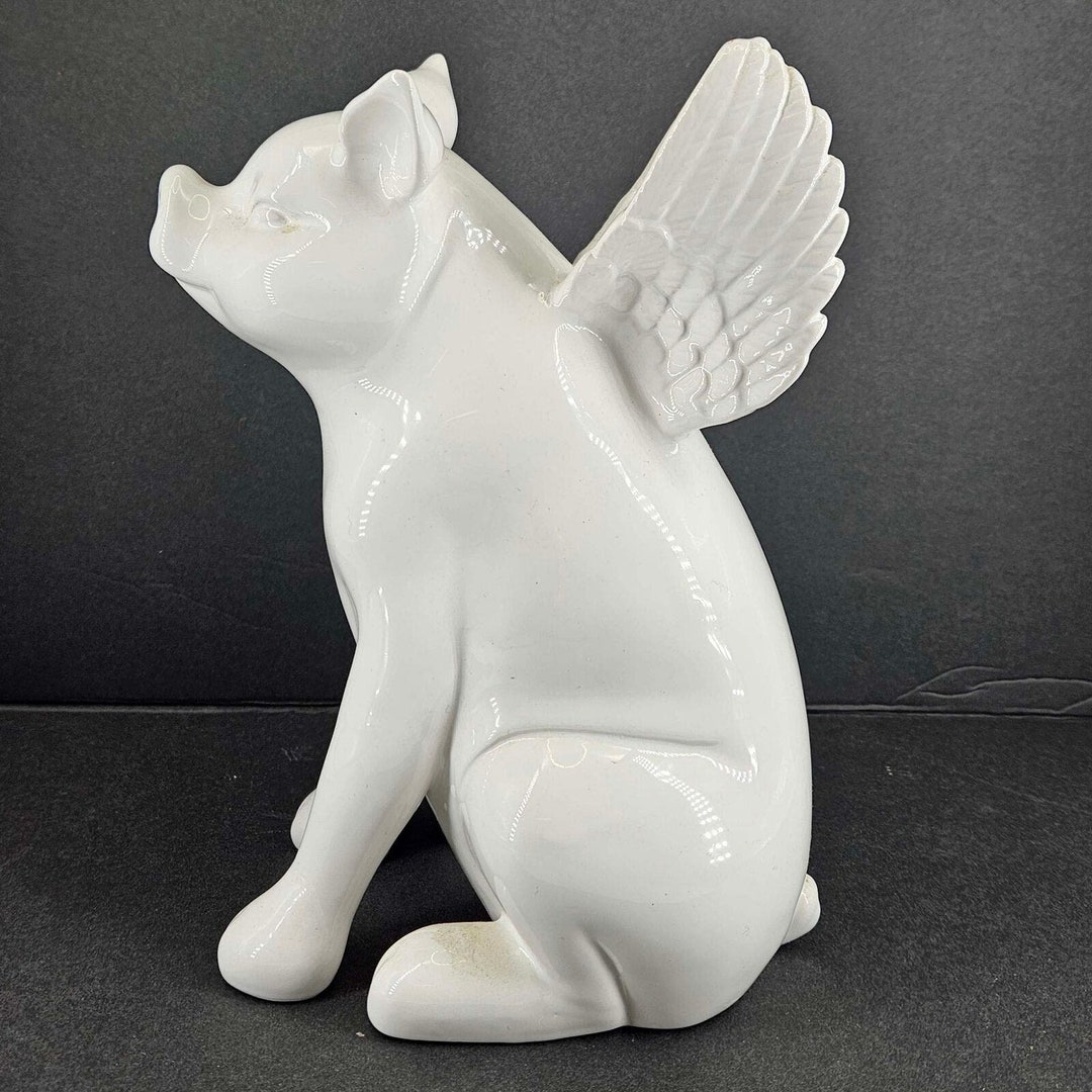 Sitting White Ceramic Large Angel Flying Pig When Pigs Fly Ceramic ...