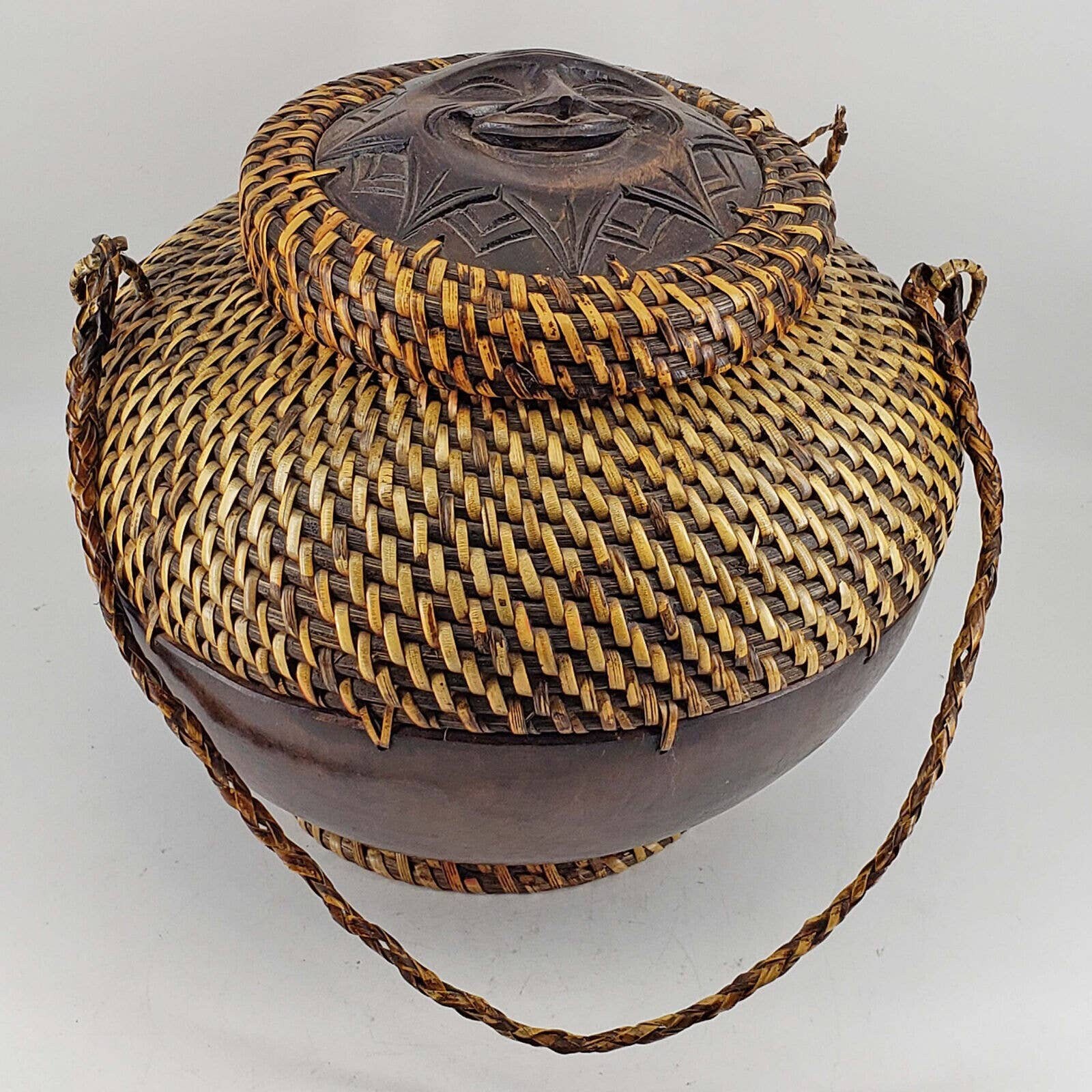 Vintage Lidded Primitive Rounded Boho Bohemian Basket W Carved Wood Sun ...