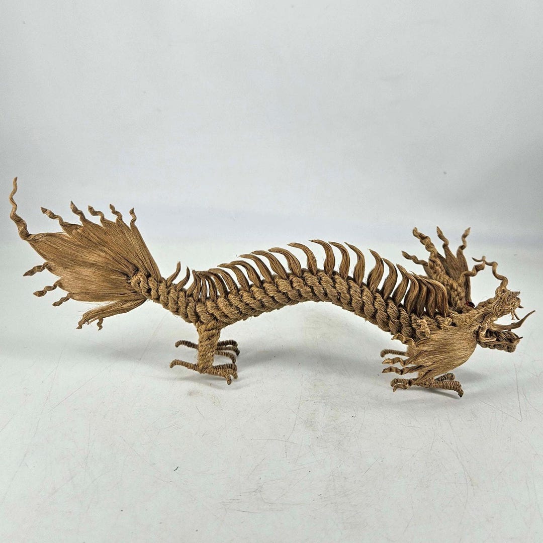 Vintage Chinese Handmade Macrame Braided Woven Rope Beige Dragon ...