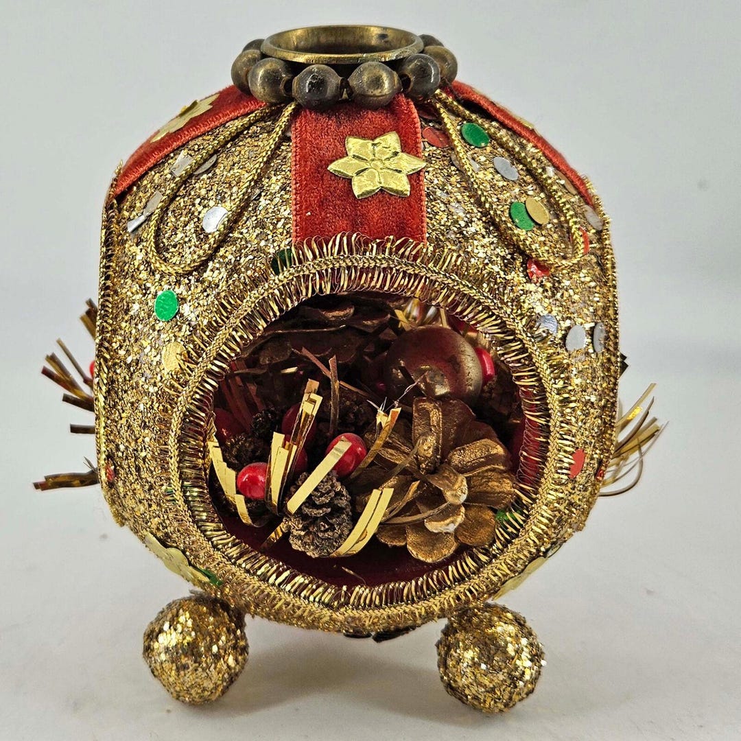 Vintage Gold Glitter 4 Windows Diorama Japan Christmas Footed Ornament ...