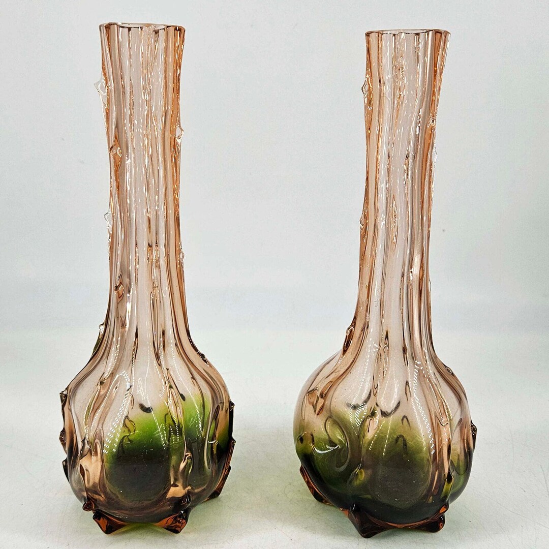 Pair of Edwardian Pulled Thorn Pink Green Glass Rubina Vedge Vases - Etsy