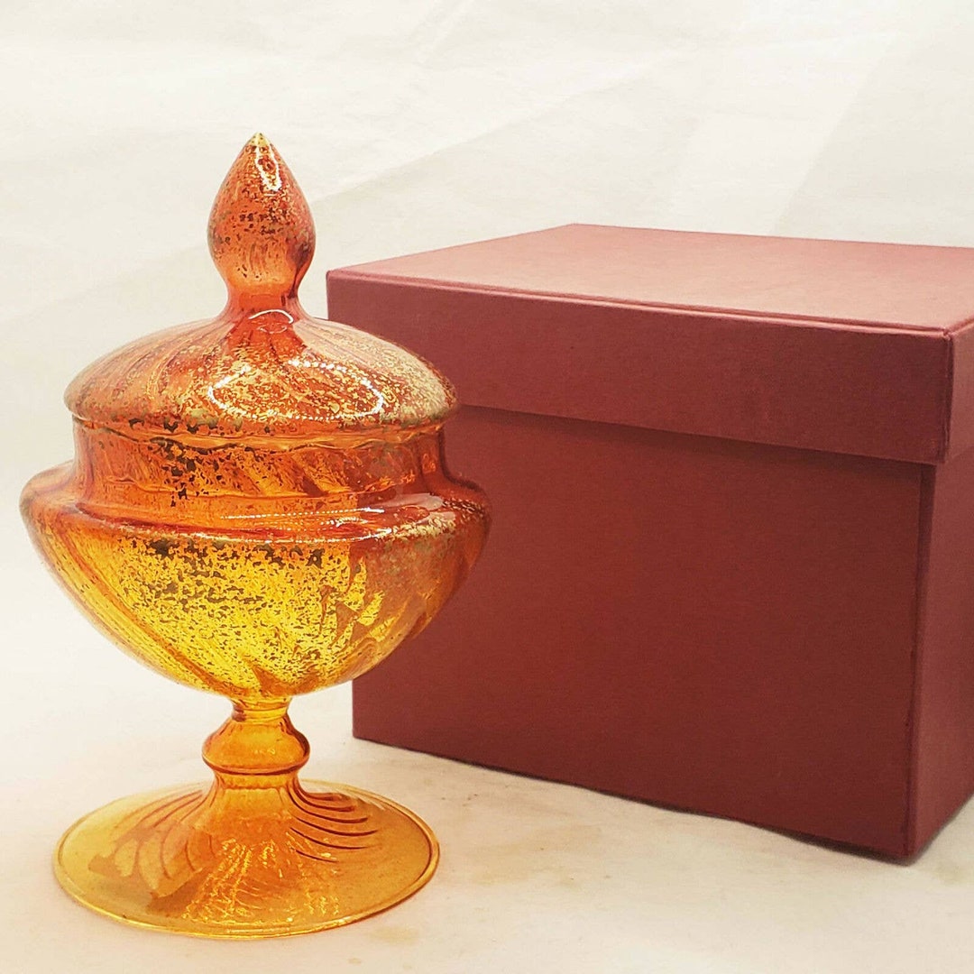 Venetian Mirho Glass Amberina Color Lidded Trinket or Candy Dish, New ...