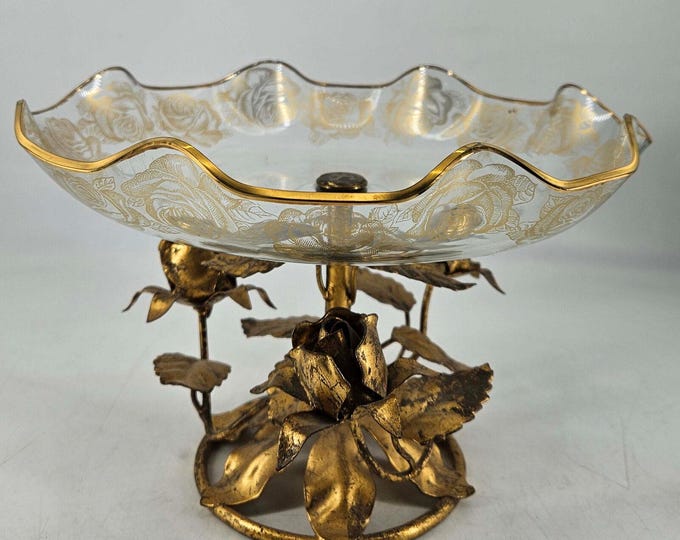 Vintage Italian Pedestal Dish Compote Bowl Gold Metal Glass Italy Tole ...