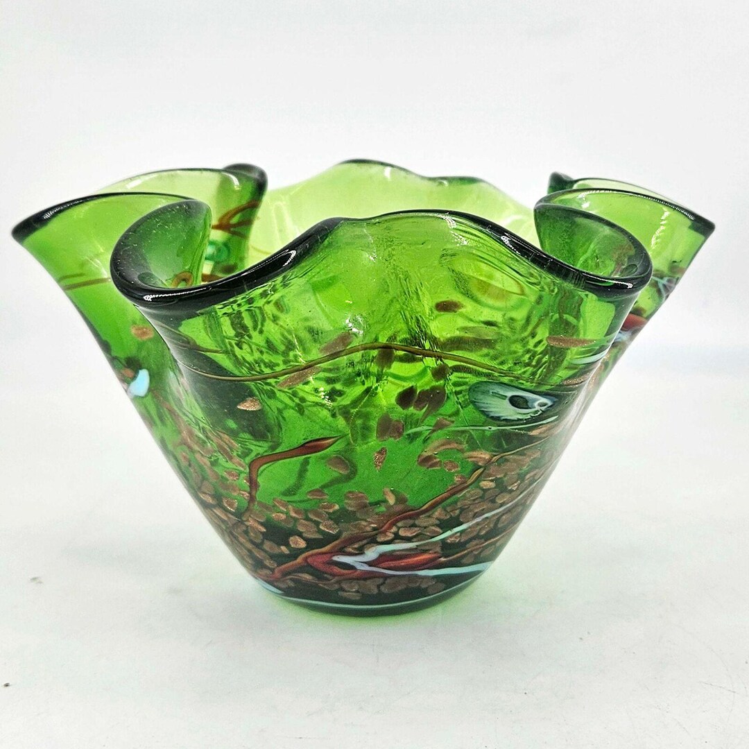 Vintage Abstract Art Murrini Krosno Hand Blown Green Glass Bowl Dish ...