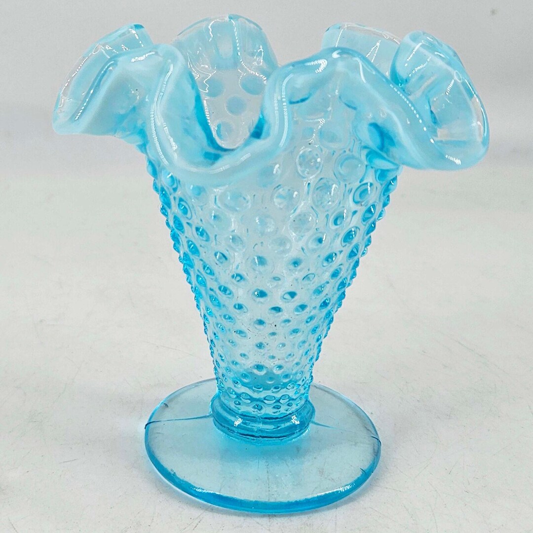 Vintage Blue Opalescent Fenton Ruffled Hobnail Glass Small Bud Vase - Etsy