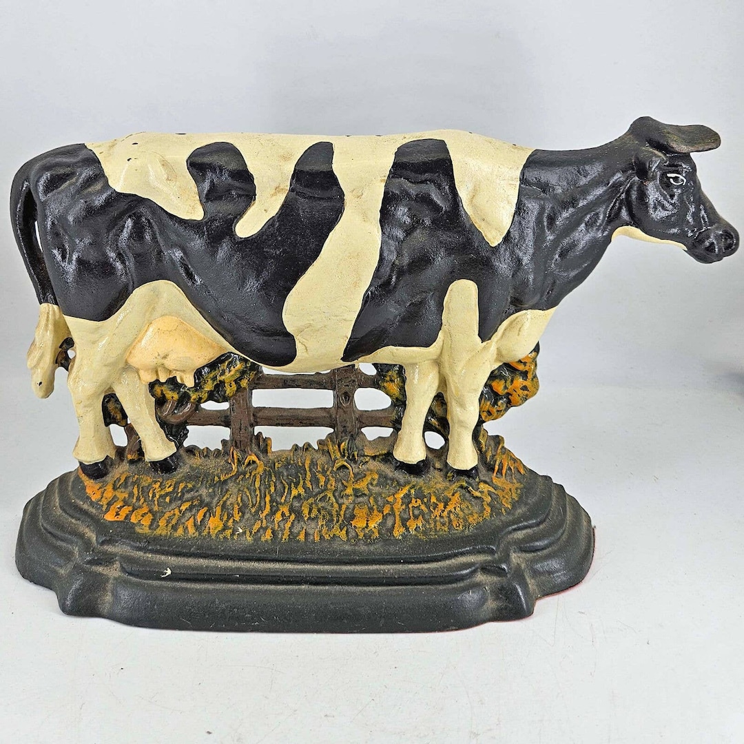 Vintage Cast Iron Hand Painted Cow Doorstop Farmhouse Door Stop Large ...
