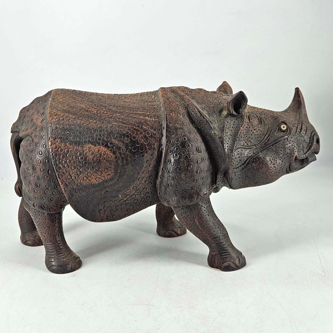 Vintage Carved Wood Rhinoceros Statue Figurine Wooden Rhino Home Decor ...