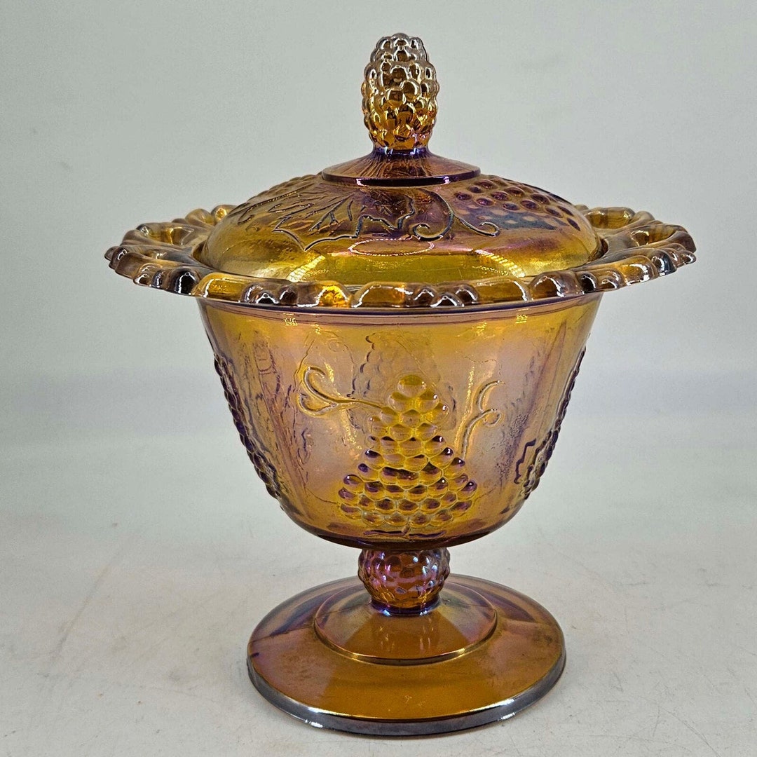 Vintage Amber Carnival Glass Harvest Grape W Lid Compote Indiana Lace ...