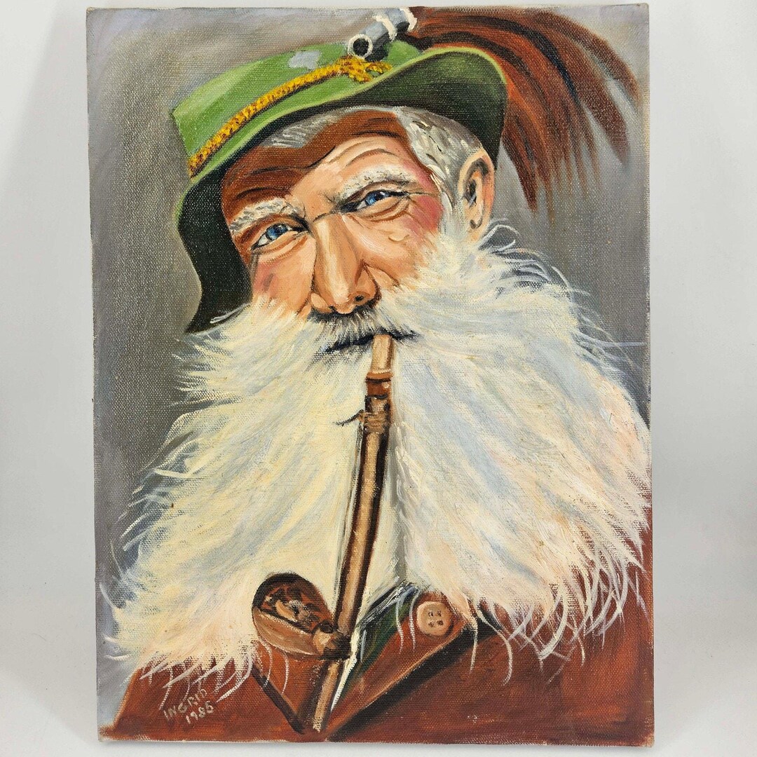 Vintage Signed Oil on Canvas Painting Grey Hair Old Man Man Pipe Ingrid ...