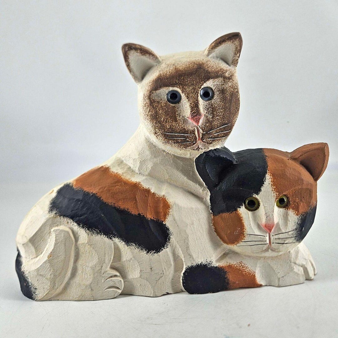 James Haddon Cat Figurine Wooden Sculpture Glass Eyes Calico Folk Art ...