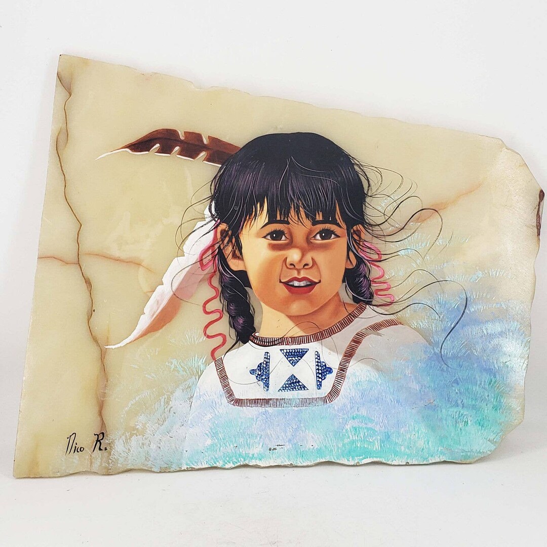 Native American Little Girl Child Oil Painting on Onyx Marble Slab ...