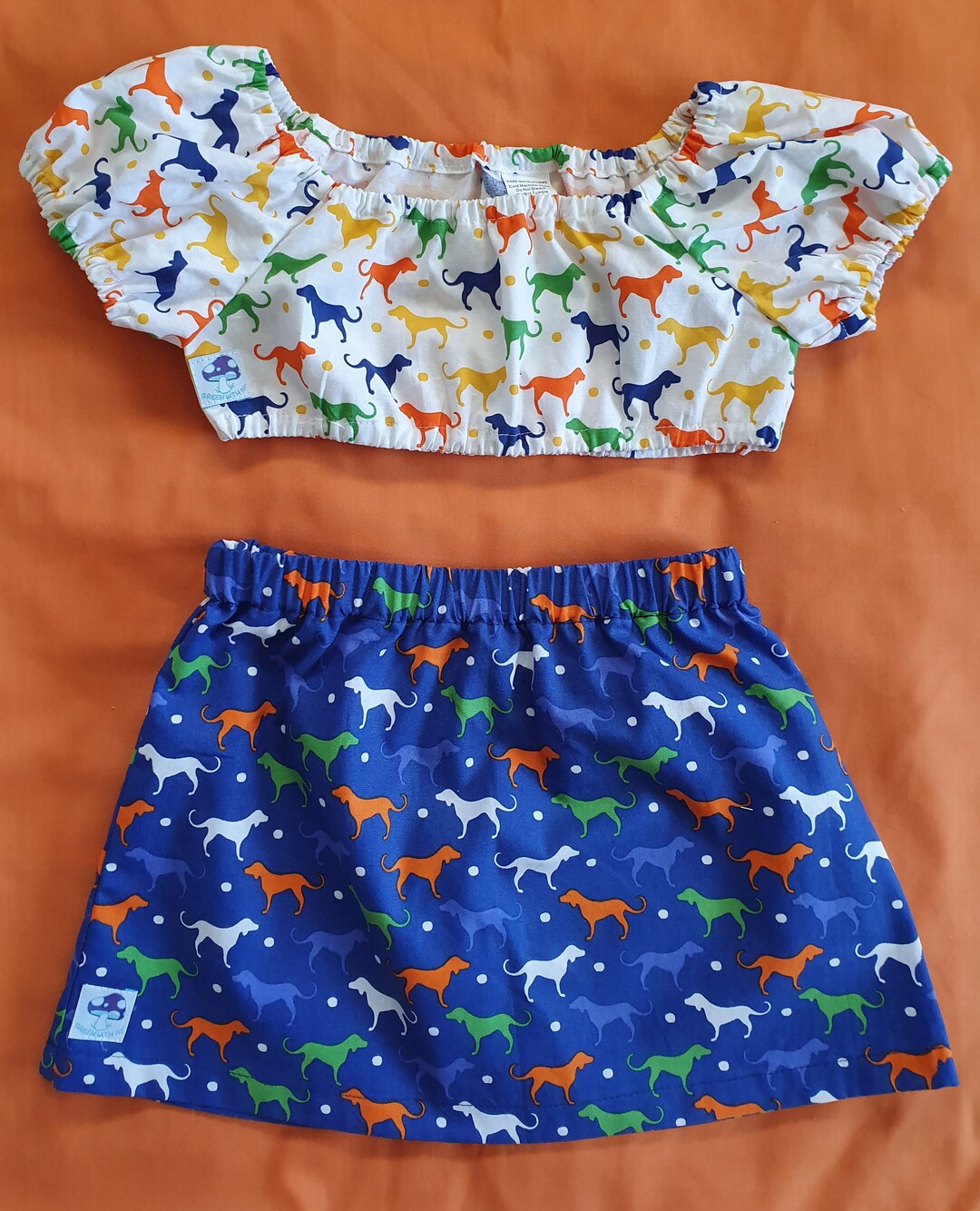 Girls Midriff Top & Skirt Outfit Clothing Set Blue and White Cute Dog ...