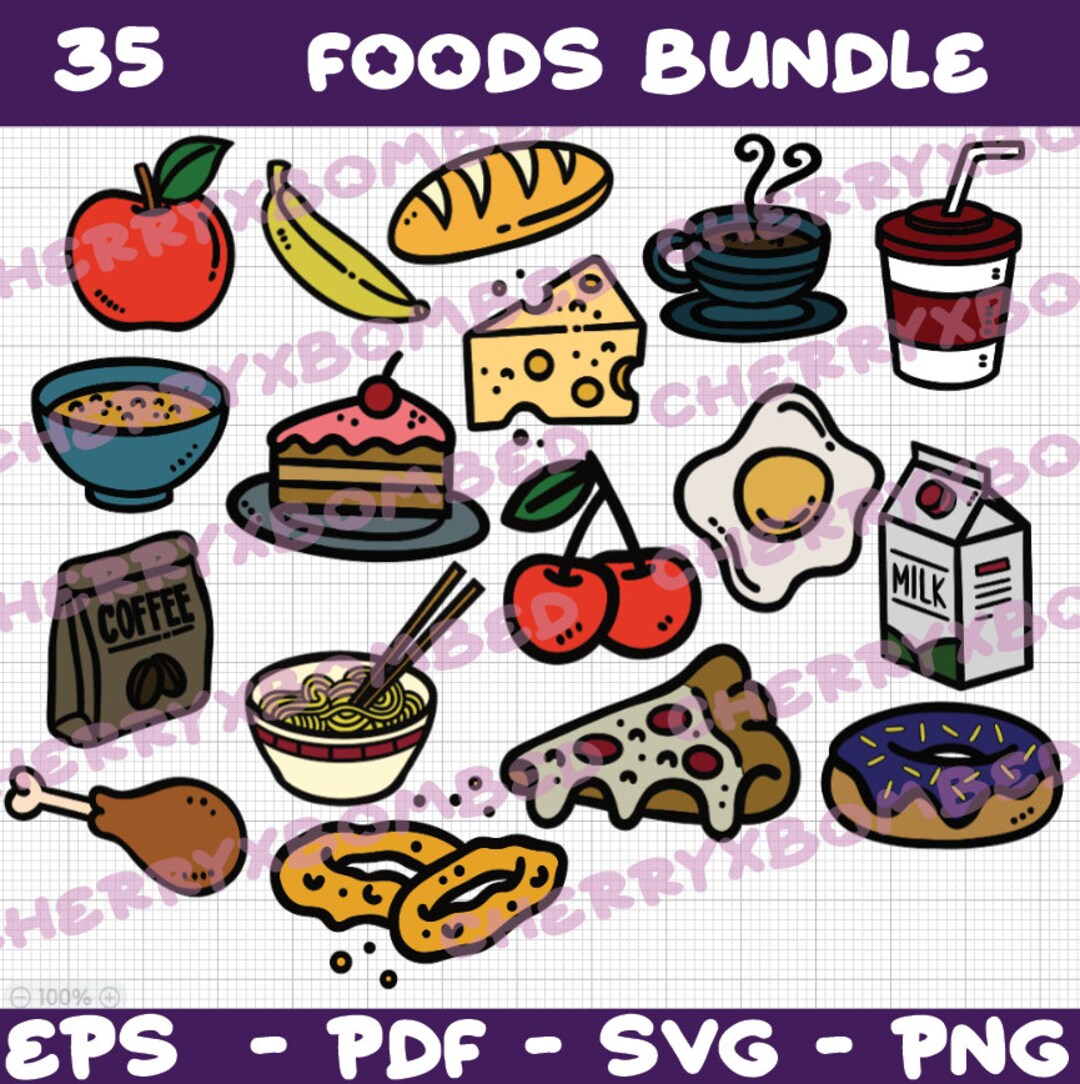 35 Cartoon Styled Foods Designs Bundle Cricut SVG PNG Desserts, Fast ...