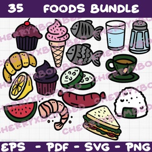 35 Cartoon Styled Foods Designs Bundle Cricut SVG PNG Desserts, Fast ...