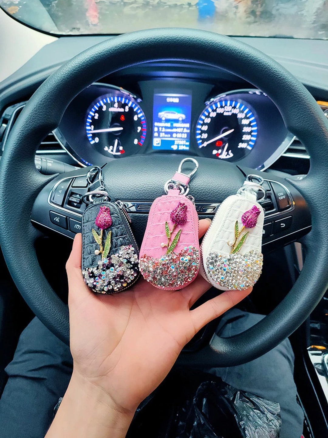 Flower Car Key Holder Storage Case Crystal Diamond Keychains Key Cover ...