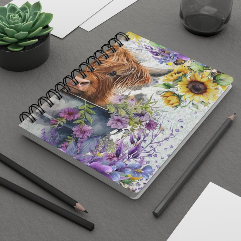 Cute Highland Cow Spiral Bound Journal - Cow and Wild Flowers Notebook ...