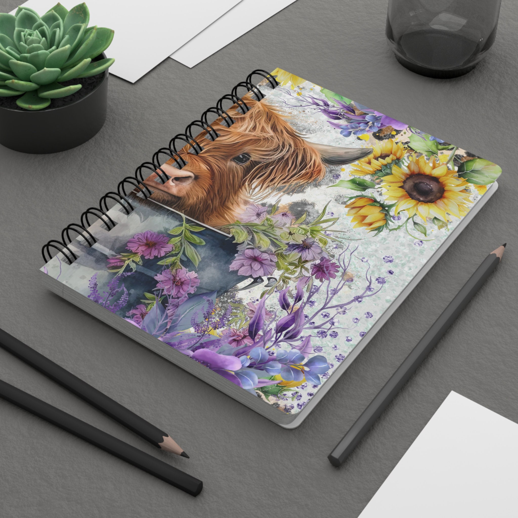Cute Highland Cow Spiral Bound Journal - Cow and Wild Flowers Notebook ...