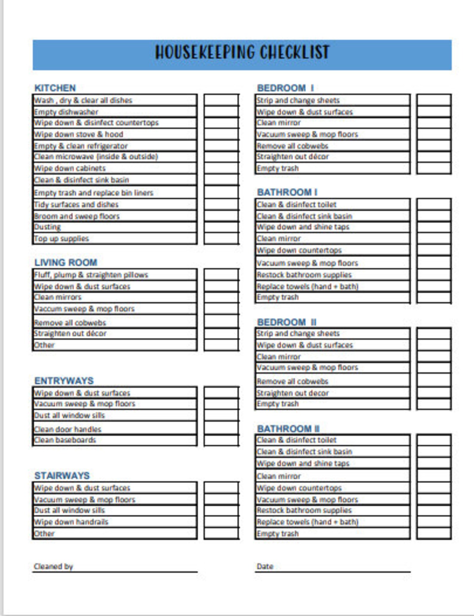 EDITABLE Housekeeping Checklist in EXCEL | House Cleaning Checklist ...