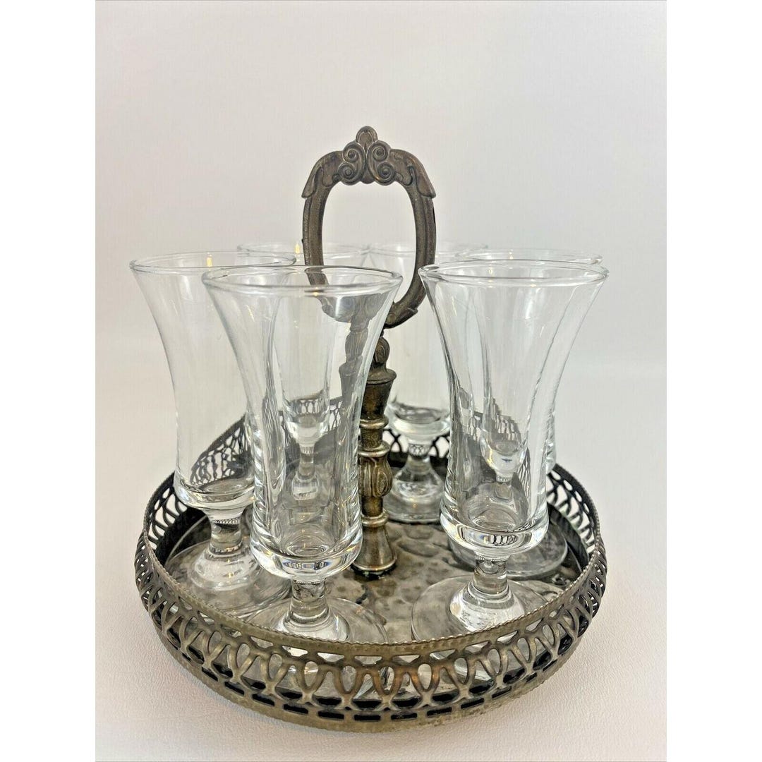 Vintage MCM Sherry Glass Set With 6 Glasses and Silver Tray Barware - Etsy