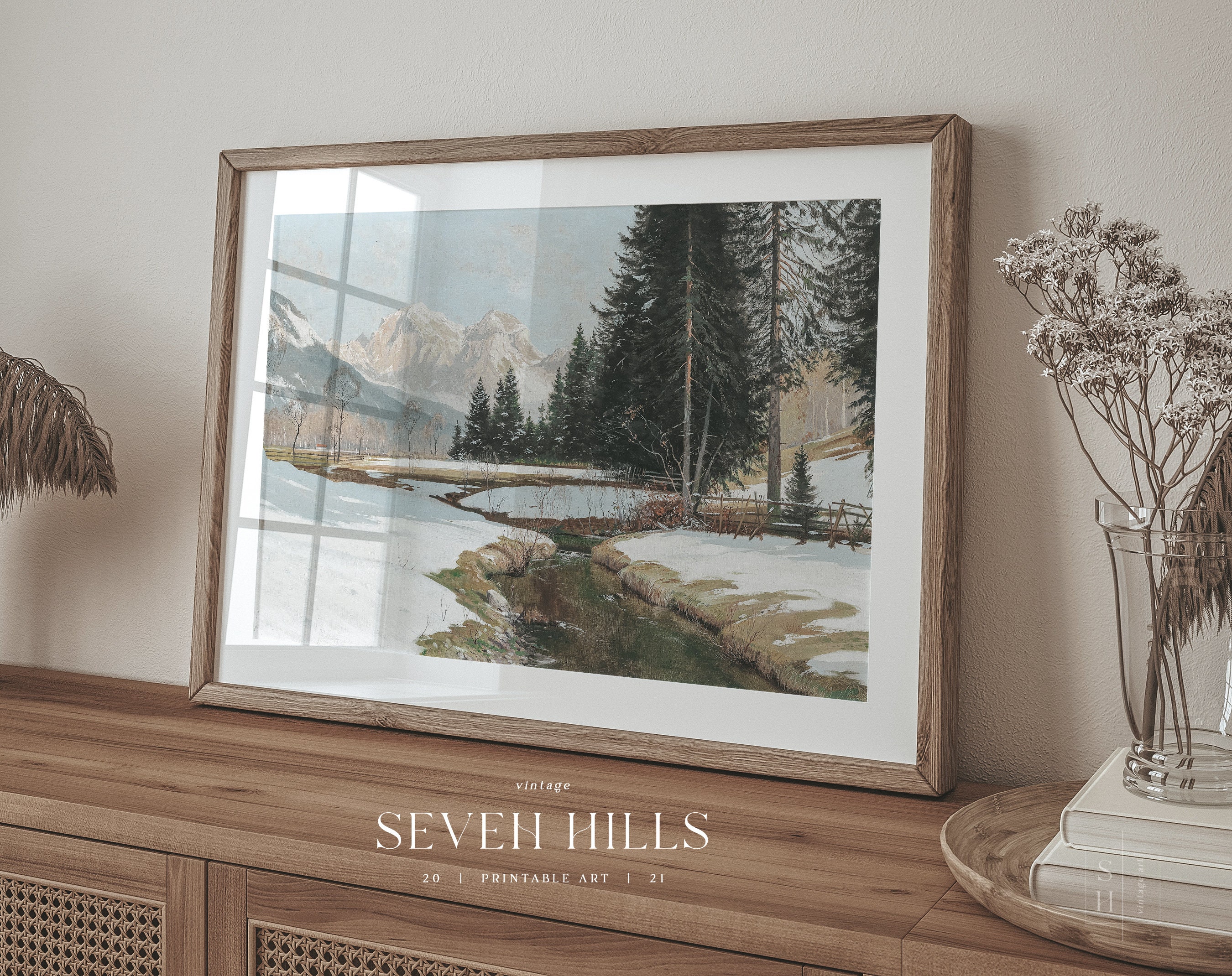 Snowy Mountain Landscape Art Print Vintage Nature Stream Oil | Etsy