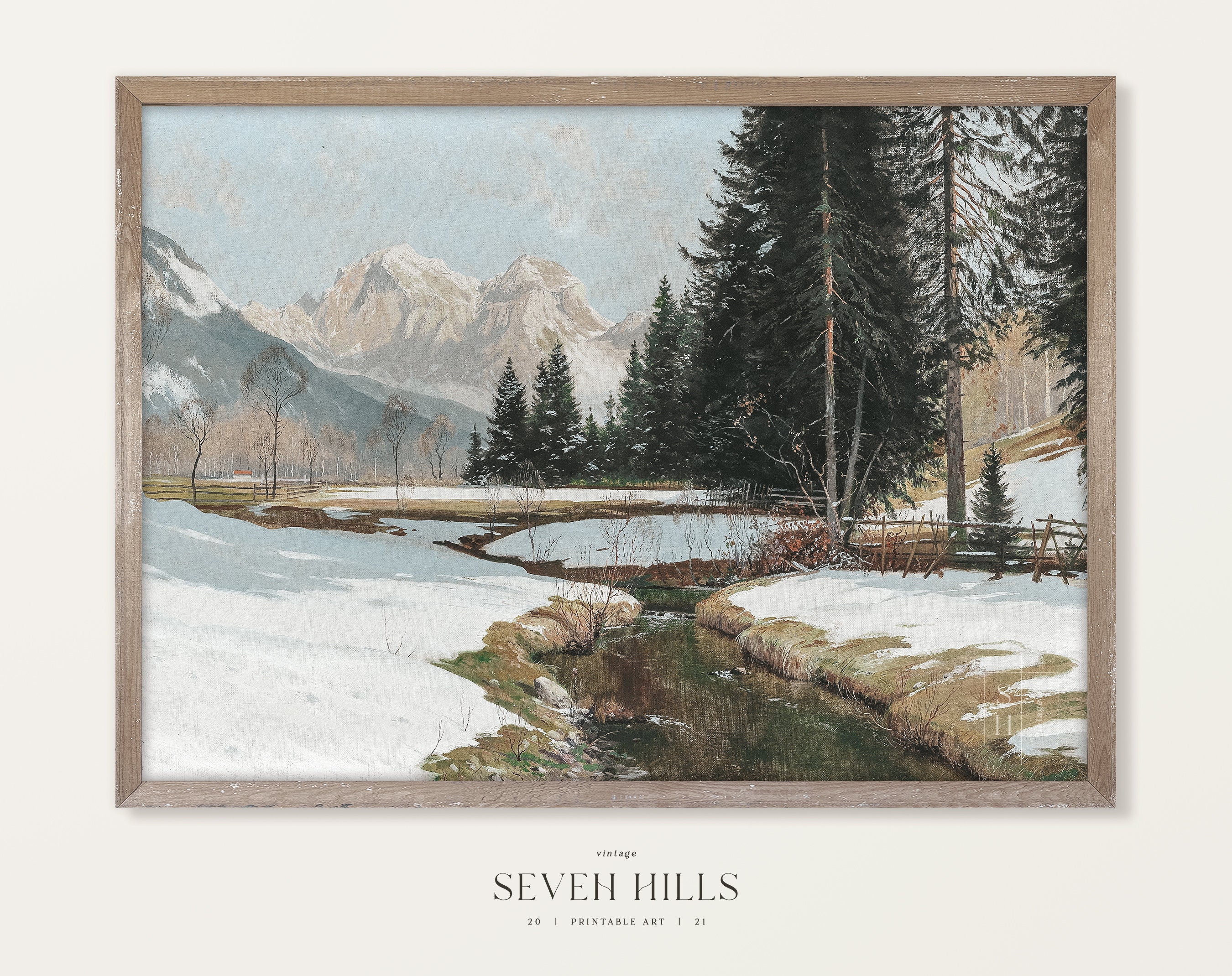 Snowy Mountain Landscape Art Print Vintage Nature Stream Oil | Etsy