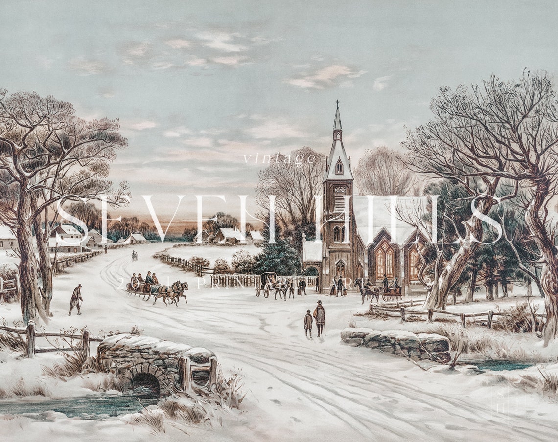 Vintage Winter Village Painting Snow City Landscape Printable | Etsy