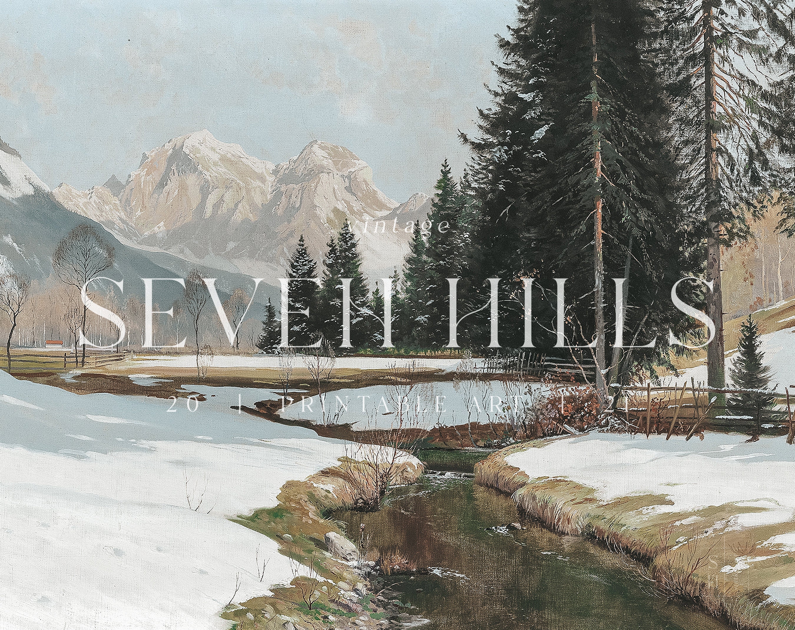 Snowy Mountain Landscape Art Print Vintage Nature Stream Oil | Etsy