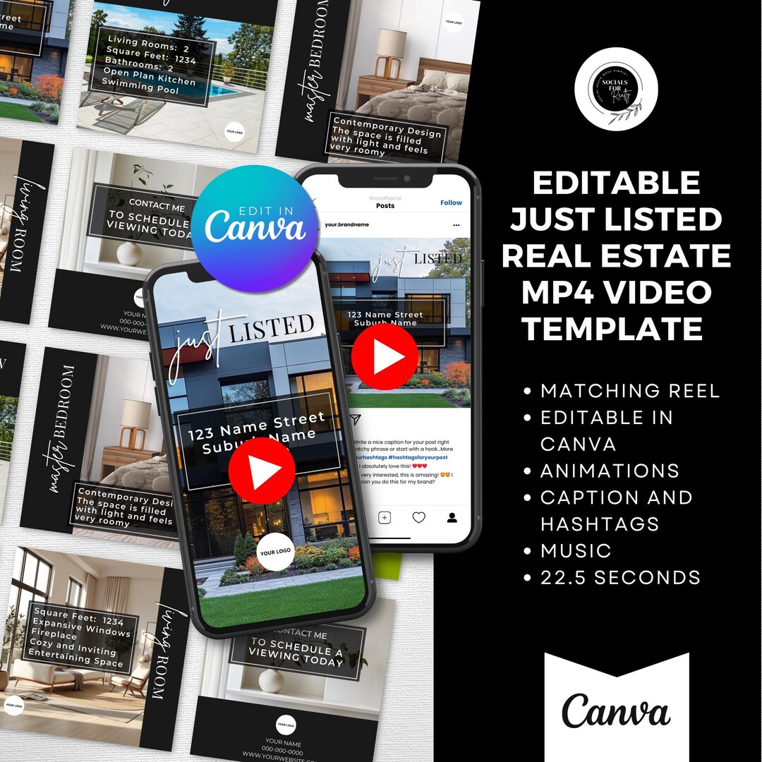 Editable Just Listed Real Estate MP4 Video Template + Matching Reel ...